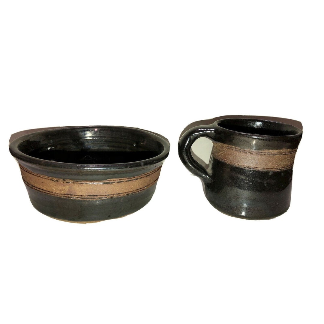 Signed Vega Pottery Baby Shower Gift Cup and Bowl Stoneware Wheat With ...