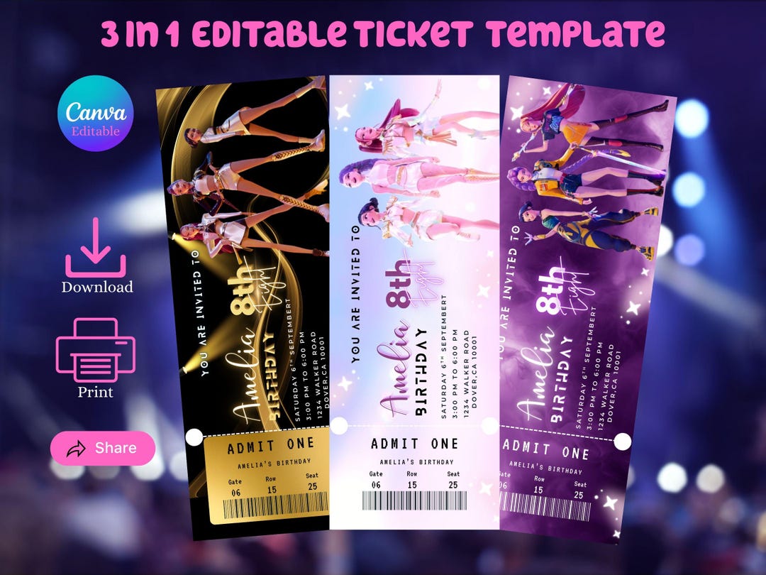 Kpop Demon Hunters Birthday Ticket Invitation, Kpop Anime Party Invite ...