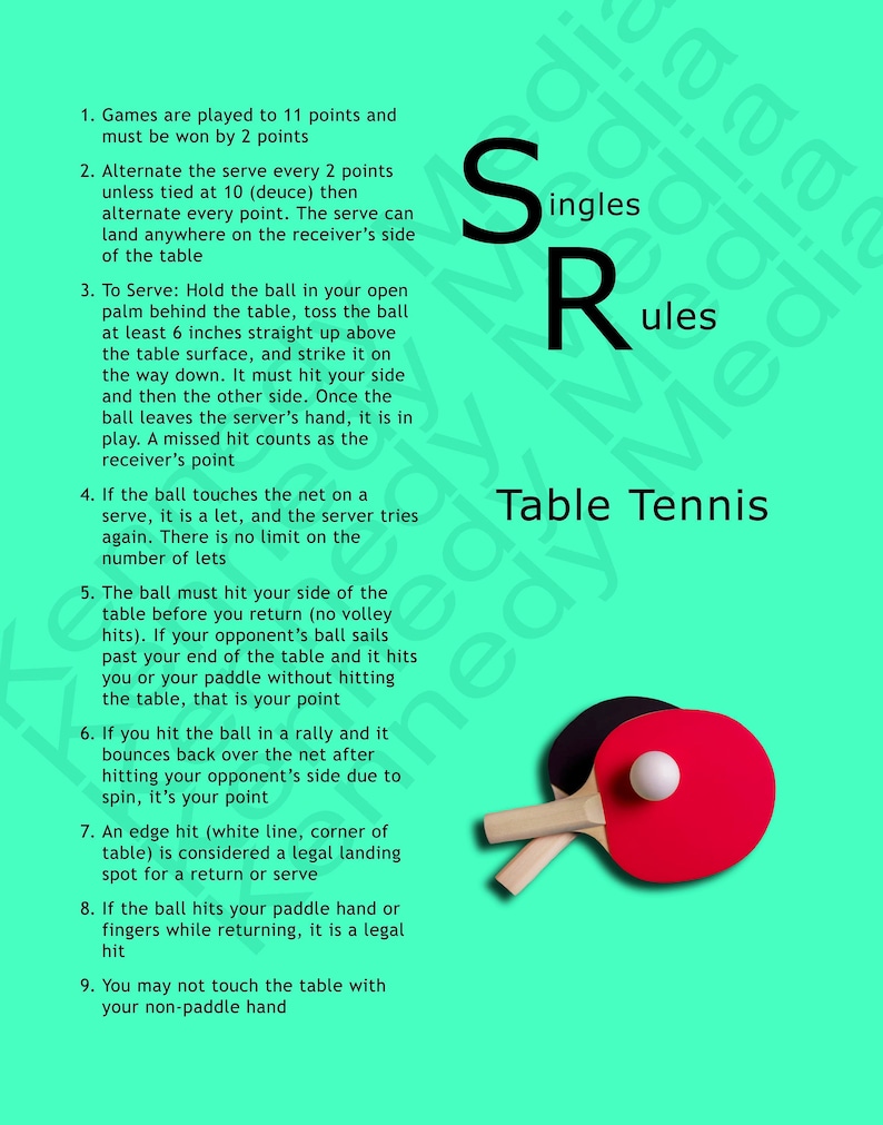 Printable PDF Table Tennis Singles Rules Poster 11 X 14 In. File for ...