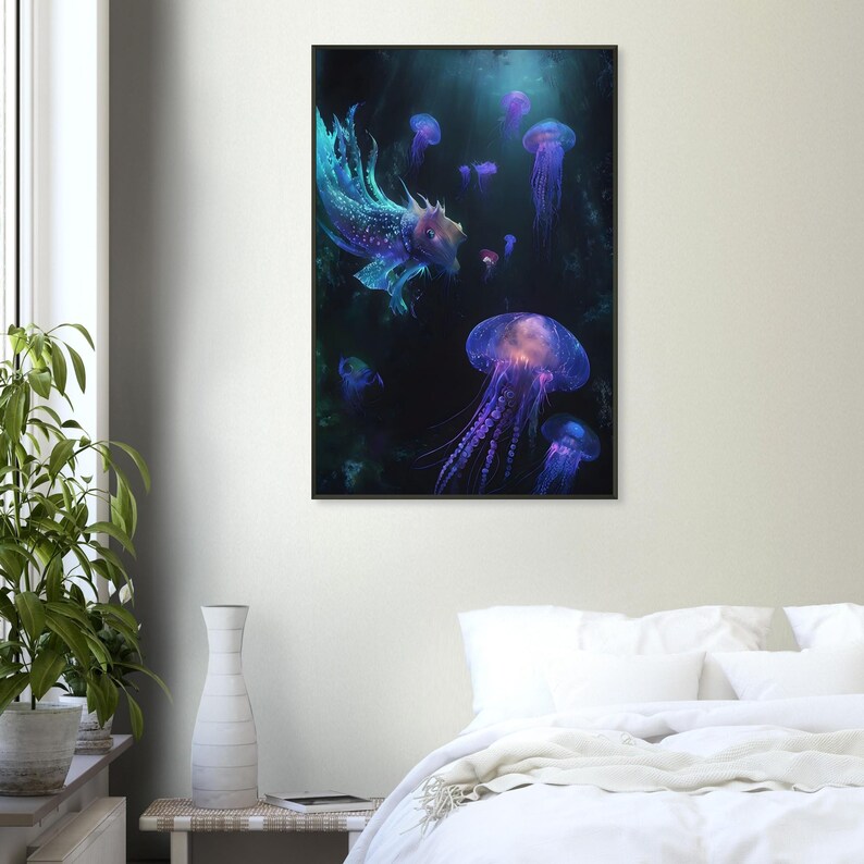 Bioluminescent Deep Sea Creatures Art Print - Metal Framed Underwater ...