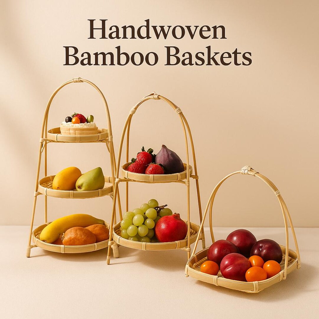 3-tier Handwoven Bamboo Serving Basket – Rustic Food Display Standoui ...