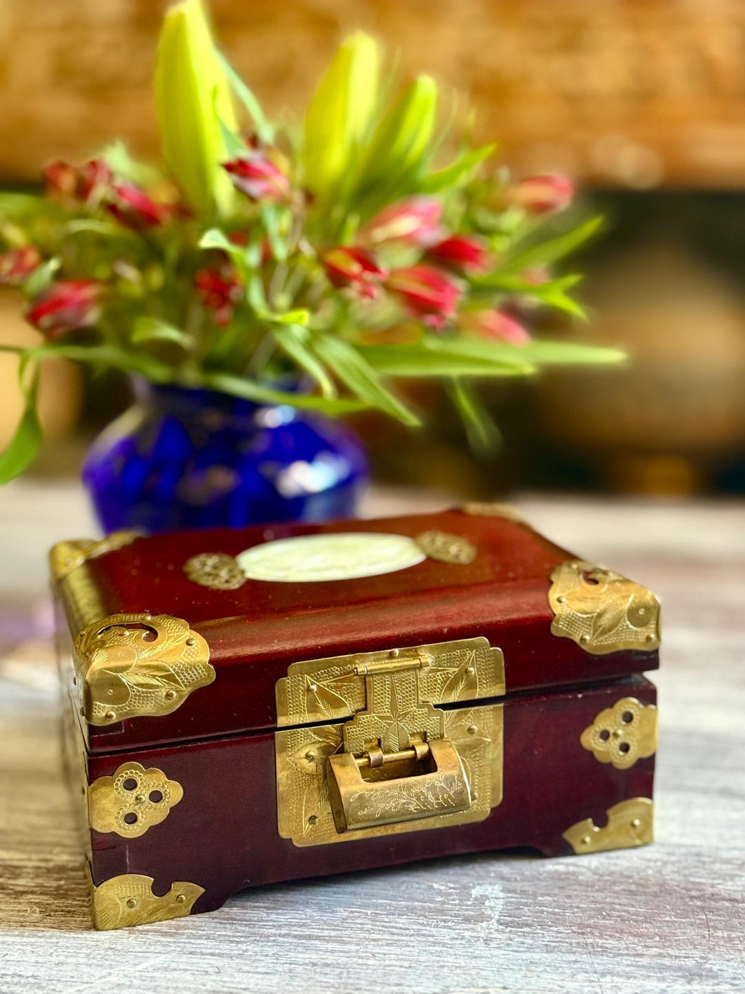 Vintage Chinese Jewellery Box With Carved Jade Insert & Original Brass ...