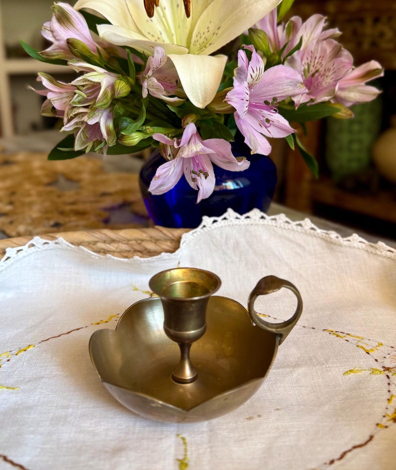 Antique Brass Chamberstick Candle Holder, Scalloped Drip Tray - Etsy