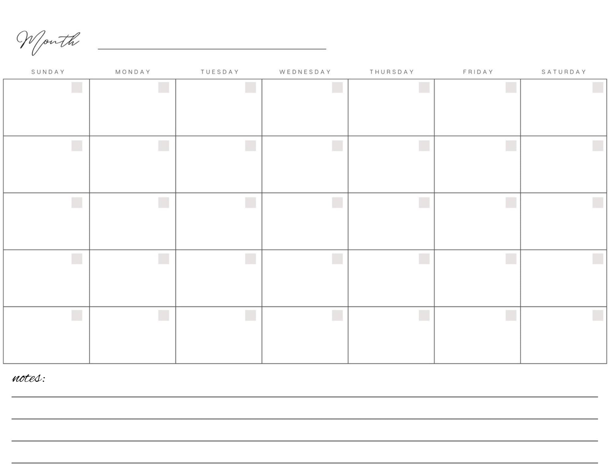 Blank Calendar With Notes Lined Printable Page 8.5 X 11" - Etsy