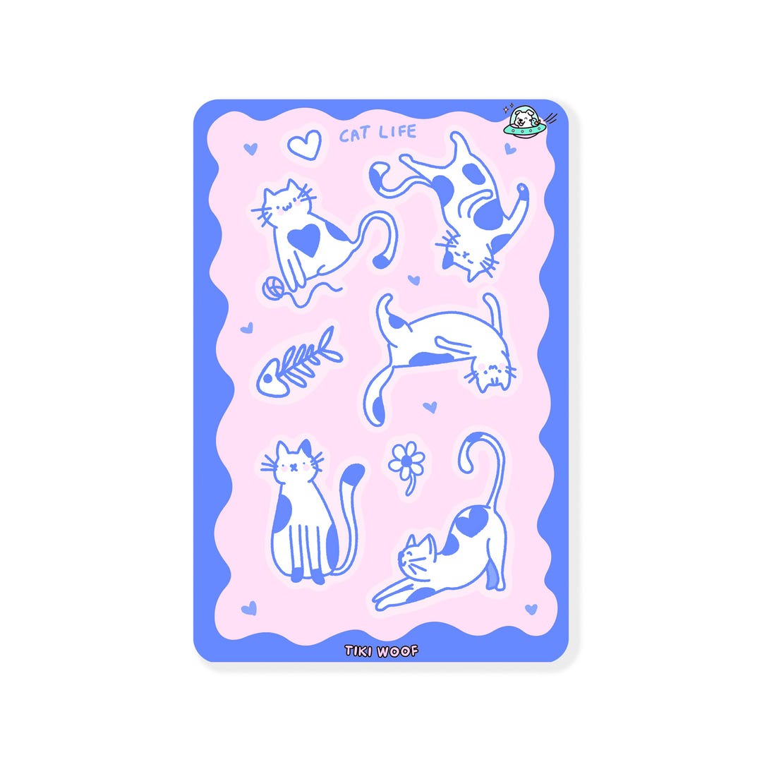 Cat Life Sticker Sheet, Cute Cat Vinyl Stickers, Pastel Cat Stationery ...