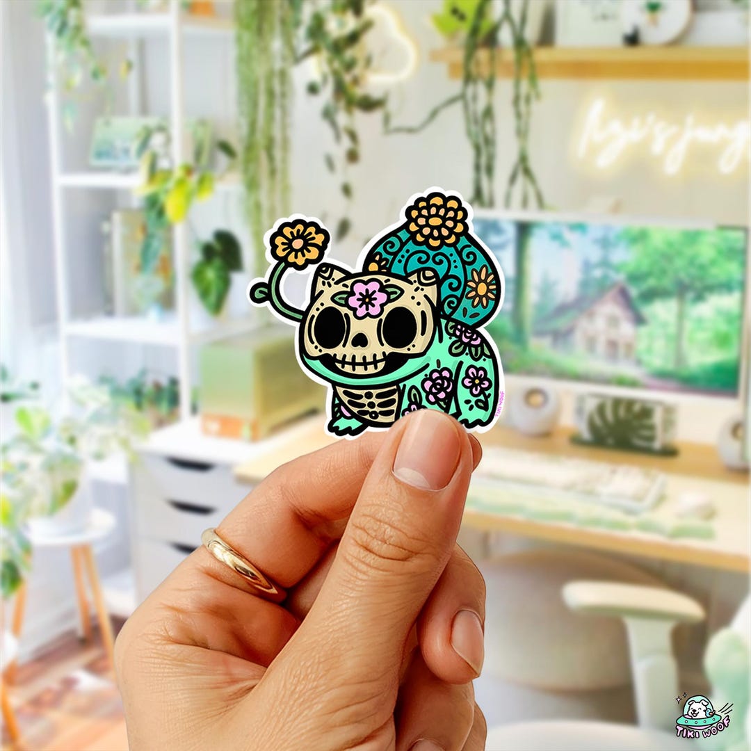 Day of the Dead Bulbasaur Sticker, Sugar Skull Pokémon Sticker, Floral ...