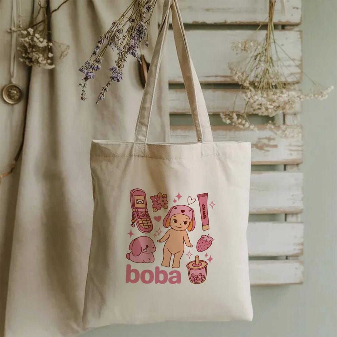 Cute Kawaii Boba Tote Bag, Pink Cartoon Milk Tea Canvas Style Shoulder ...