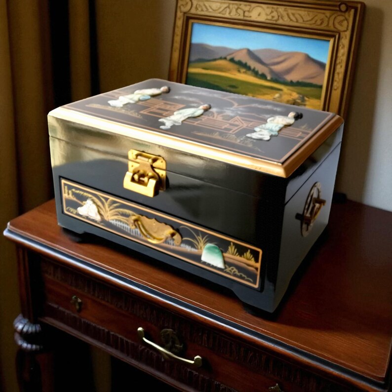 Vintage Chinoiserie Jewelry Box: Black Lacquer, Mother of Pearl Inlay ...