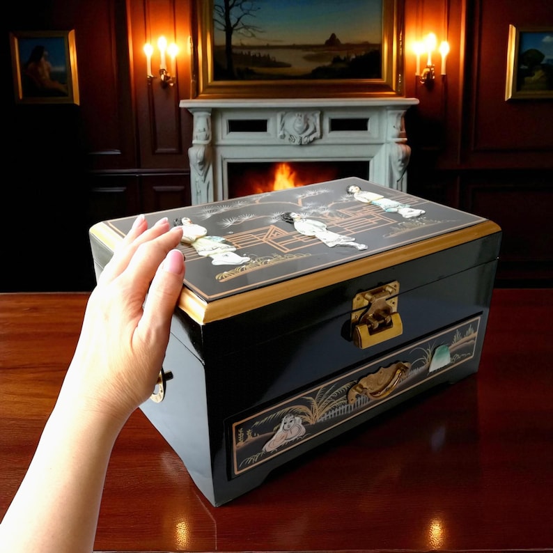 Vintage Chinoiserie Jewelry Box: Black Lacquer, Mother of Pearl Inlay ...