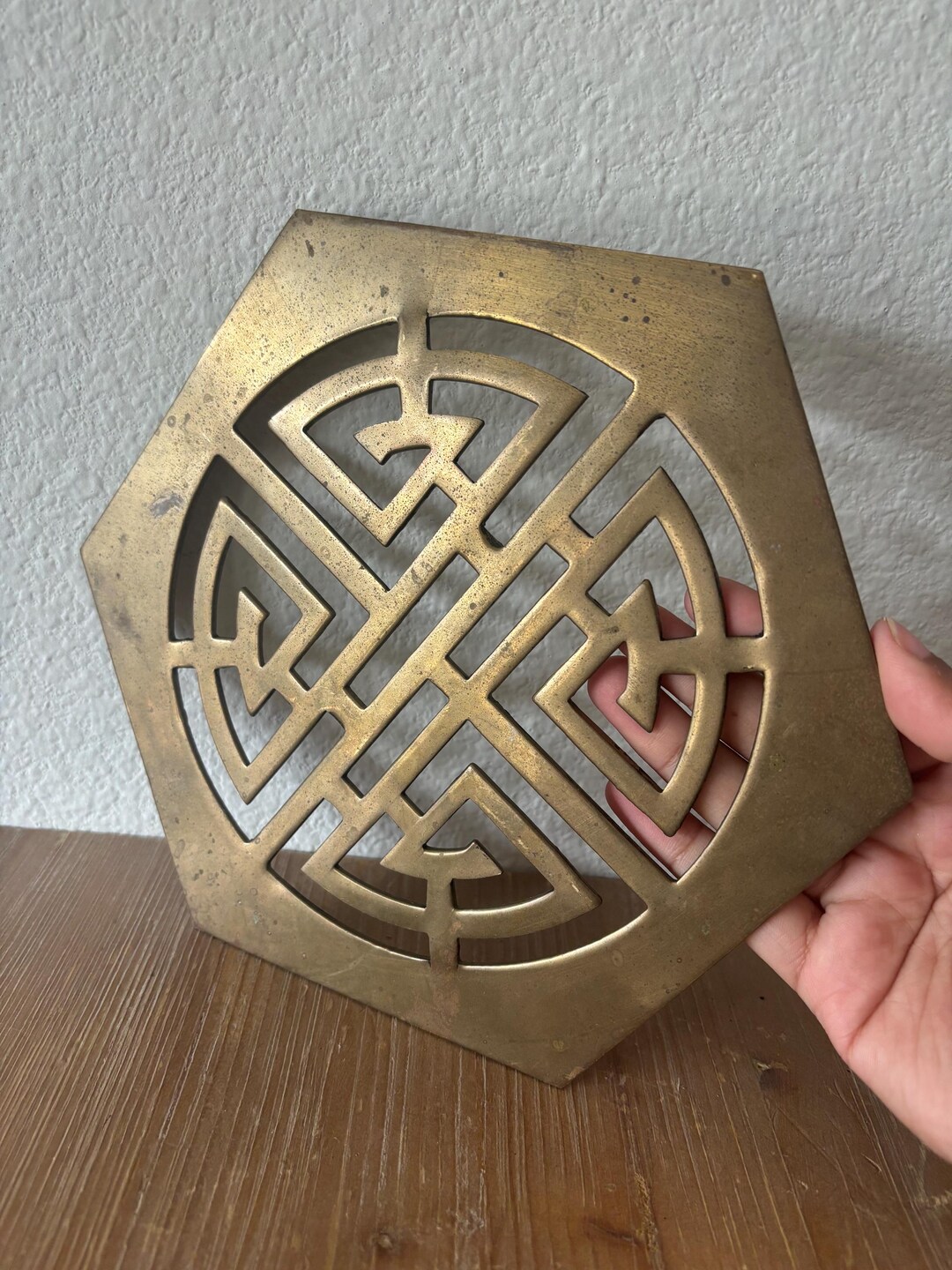 Vintage Brass Trivet: Chinese Shou Symbol, Hexagonal Wall Decor - Etsy