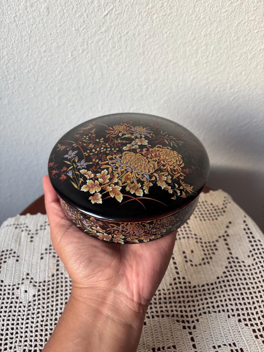 Vintage Imperial Kiku Trinket Box: Black Chrysanthemum Jewelry Box ...