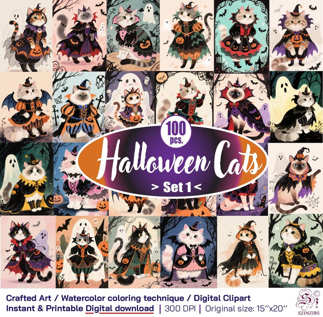 Watercolor Halloween Cat Clipart Bundle: 100 Pngs for Commercial Use ...