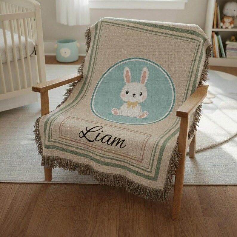 Personalized Bunny Woven Baby Blanket, Custom Name & Birth Date Nursery ...