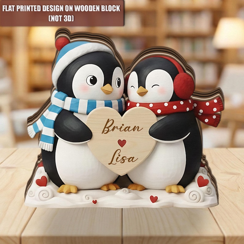 Personalized Penguin Couple Wooden Block, Valentine's Day Gift for Him ...