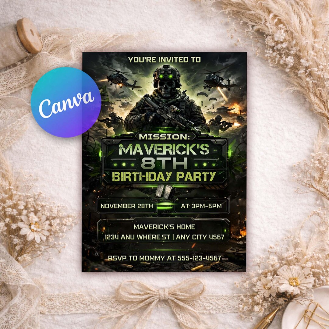 Military Video Game Birthday Invitation, Tactical Shooter Party Invite ...