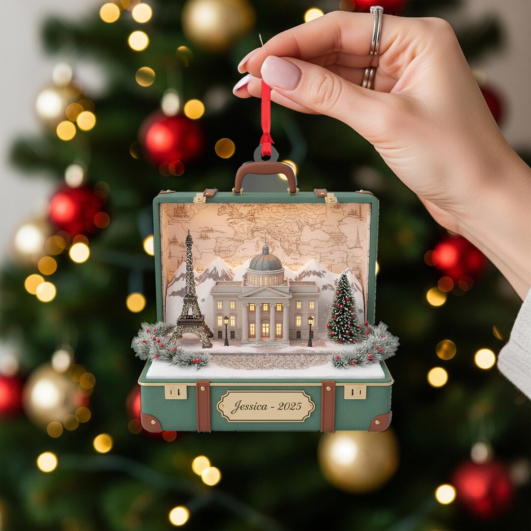 2D Flat Personalized Travel Diorama Ornament: Landmark Suitcase ...