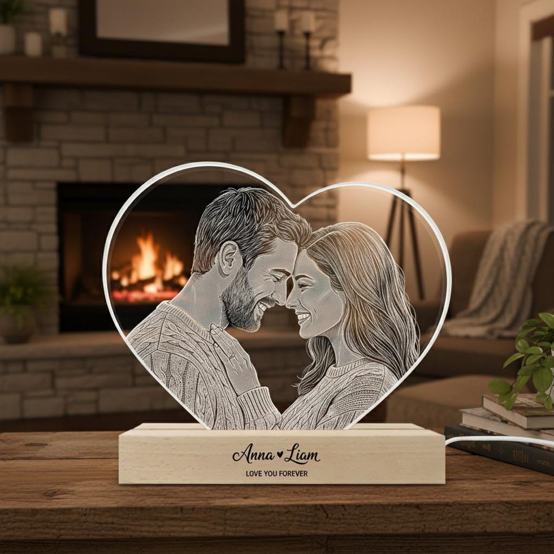 Personalized LED Portrait Light With Wooden Base: Custom Heart Shape ...