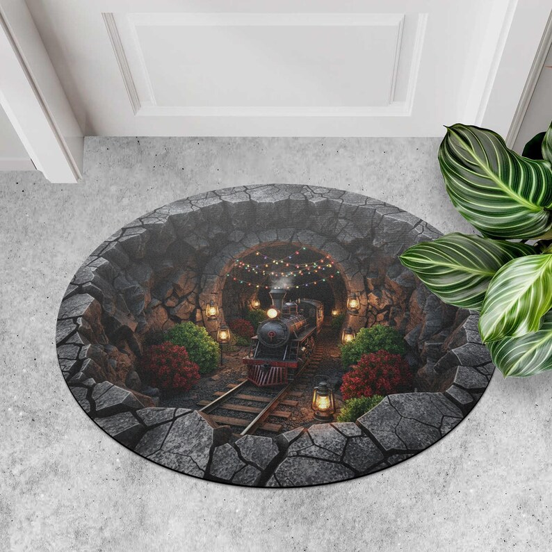 Round Train Tunnel Rug – 3D Locomotive Illusion Floor Mat – Polyester ...