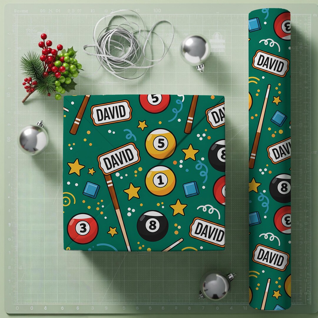 Billiards Pool Ball Wrapping Paper Custom Name Green Table Game Theme ...