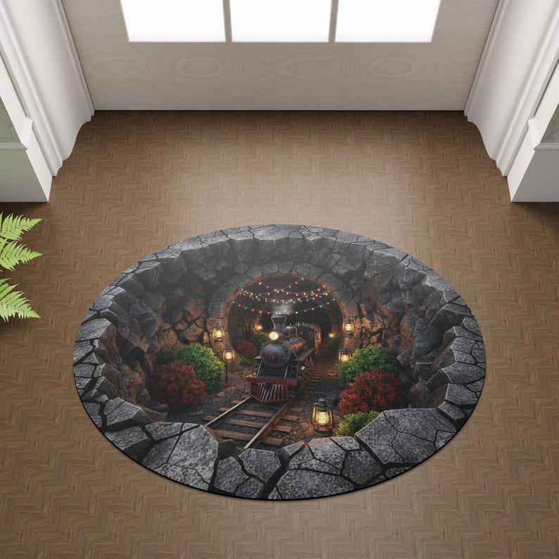 Round Train Tunnel Rug – 3D Locomotive Illusion Floor Mat – Polyester ...