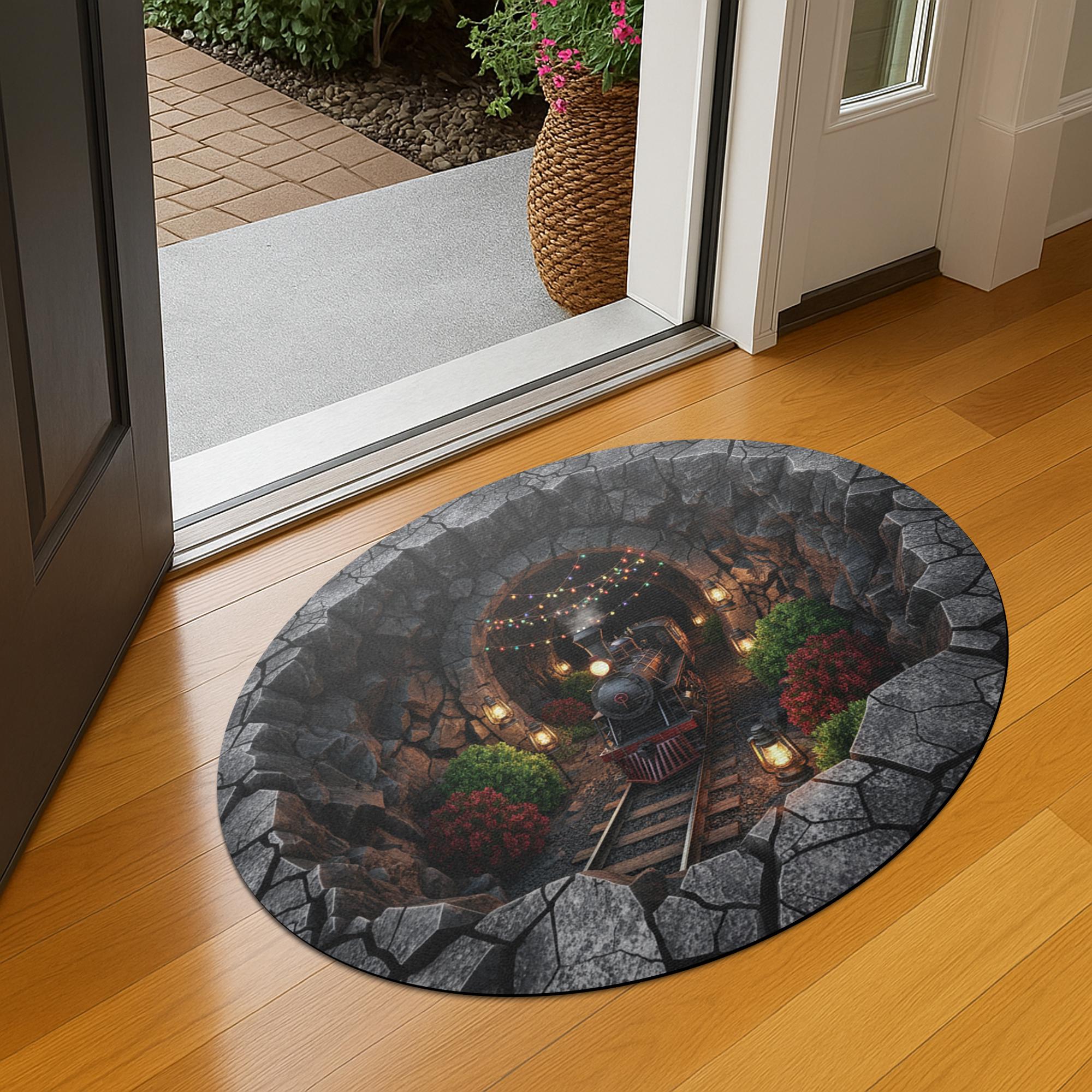Round Train Tunnel Rug – 3D Locomotive Illusion Floor Mat – Polyester ...