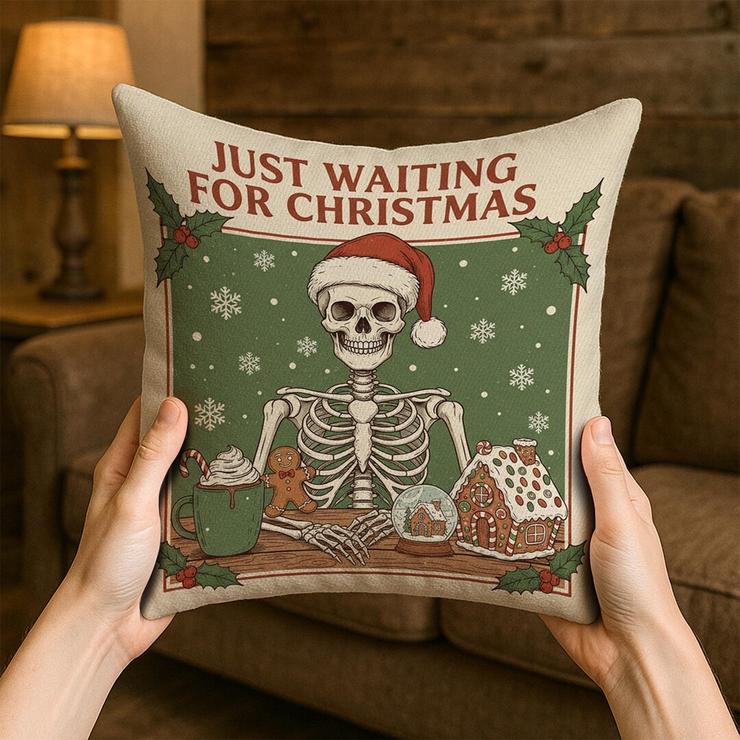 Skeleton Christmas Pillow: "just Waiting" Holiday Decor - Etsy