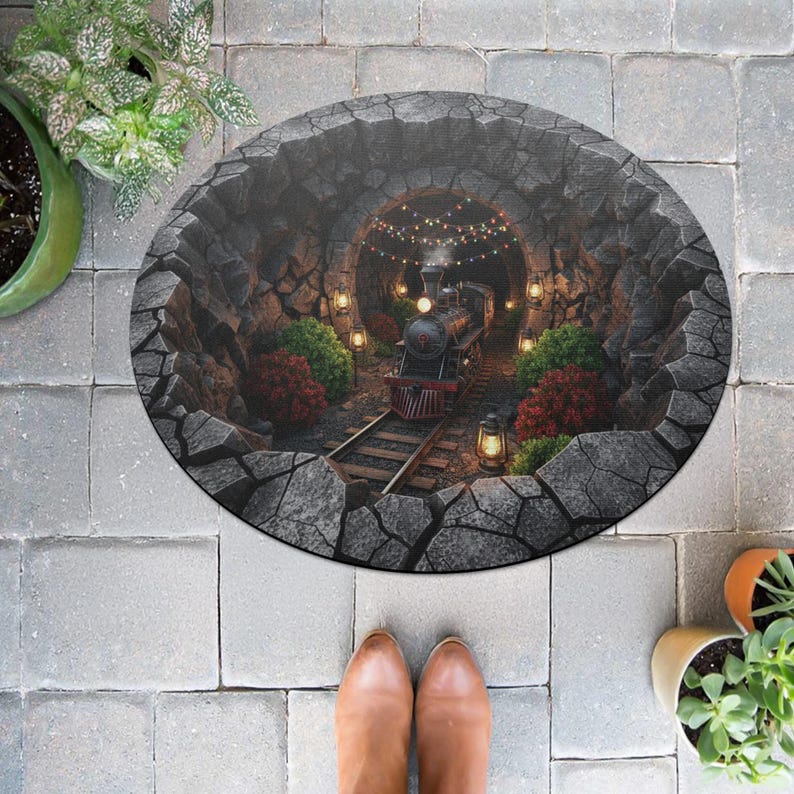 Round Train Tunnel Rug – 3D Locomotive Illusion Floor Mat – Polyester ...