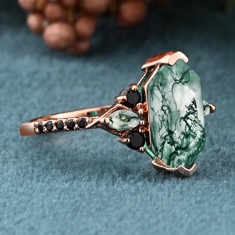 Hexagon Cut Moss Agate Engagement Ring Vintage Unique Green Agate ...