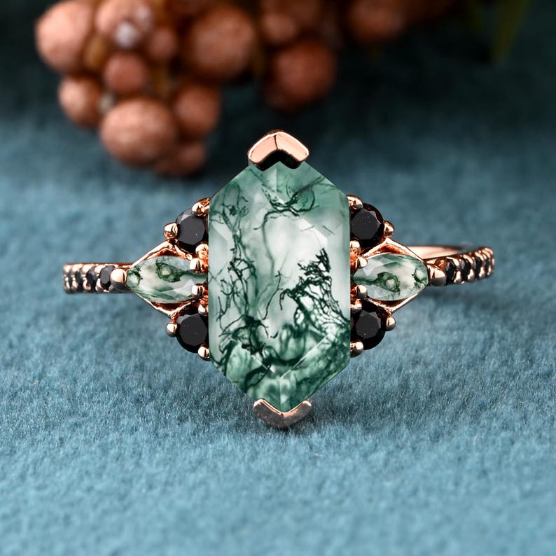 Hexagon Cut Moss Agate Engagement Ring Vintage Unique Green Agate ...