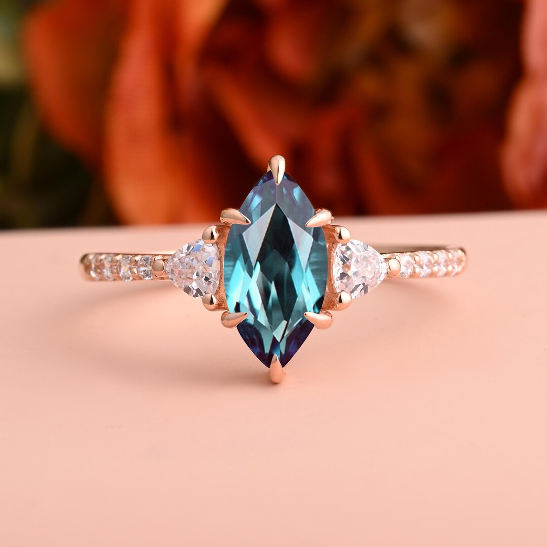 Marquise Cut Alexandrite Ring Rose Gold Alexandrite Gemstone Engagement ...
