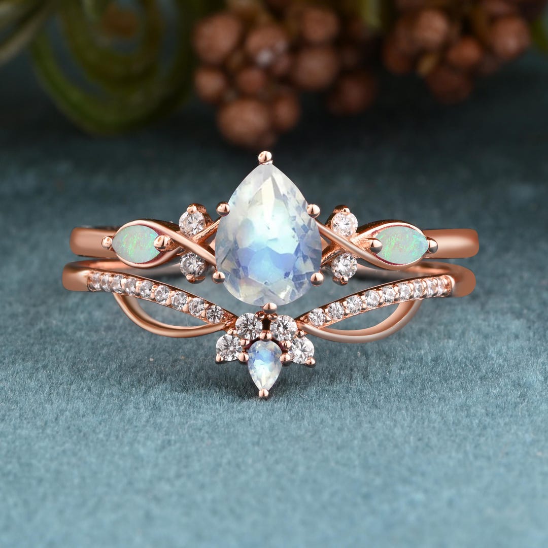 Vintage Moonstone Engagement Ring Sets Women Rose Gold Unique Pear Cut ...