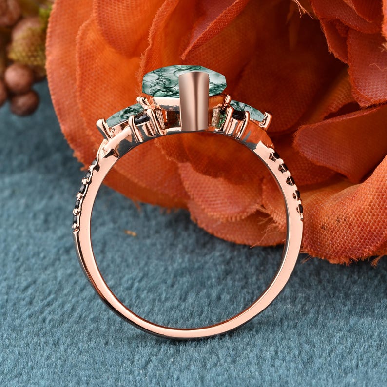 Hexagon Cut Moss Agate Engagement Ring Vintage Unique Green Agate ...