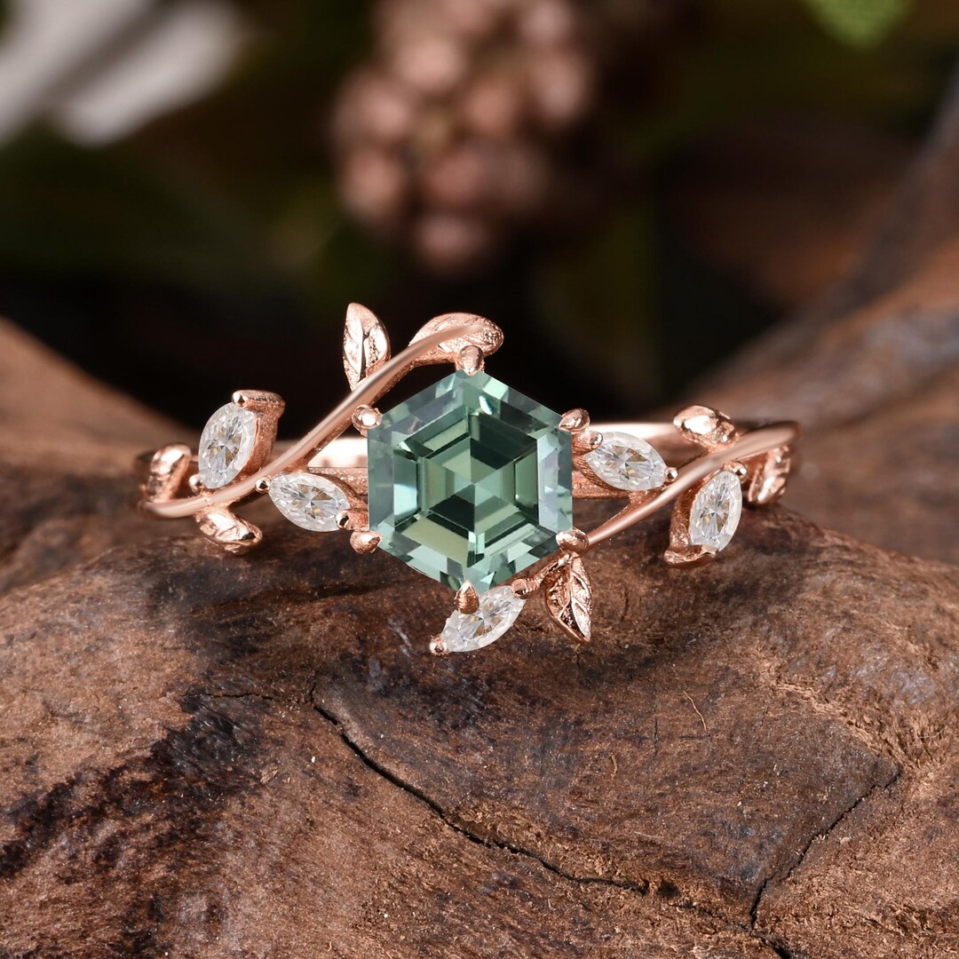 Vintage Hexagon Cut Blue Green Sapphire Women Ring Unique Blue Green ...