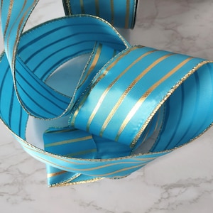 Wide Stripe Satin Ribbon Blue Wired Gold Stripe 2.5 X 10 Yards - Etsy