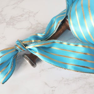 Wide Stripe Satin Ribbon Blue Wired Gold Stripe 2.5 X 10 Yards - Etsy