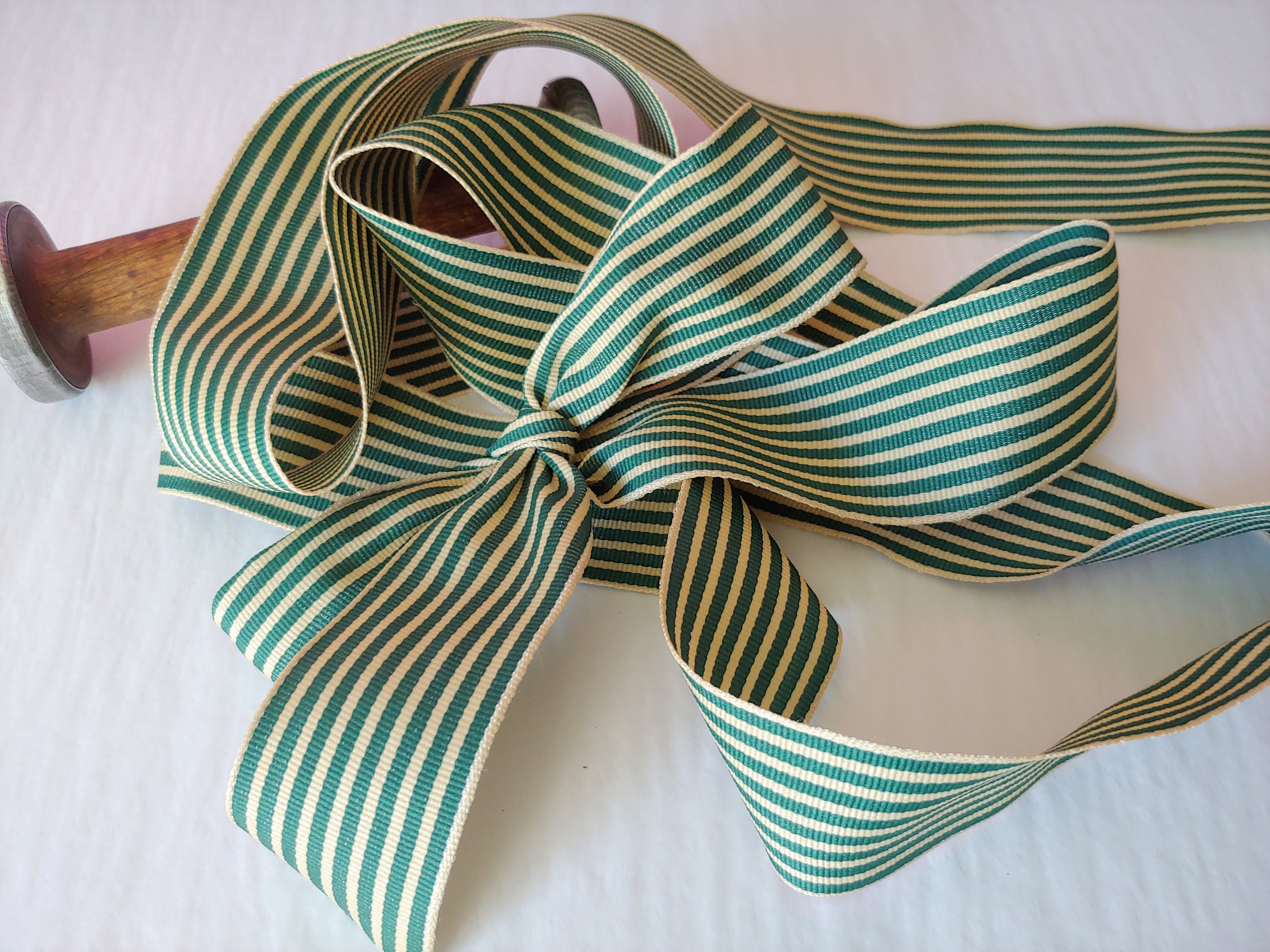 Deep Green/ off White Stripe Ribbon 1.5” Wide by the Yard - Etsy