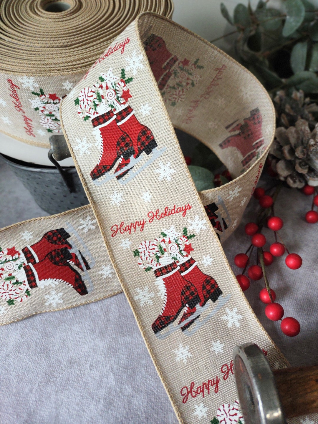 10 Yds Ice Skate Ribbon, Happy Holiday Ribbon, Christmas Ribbon, Red ...