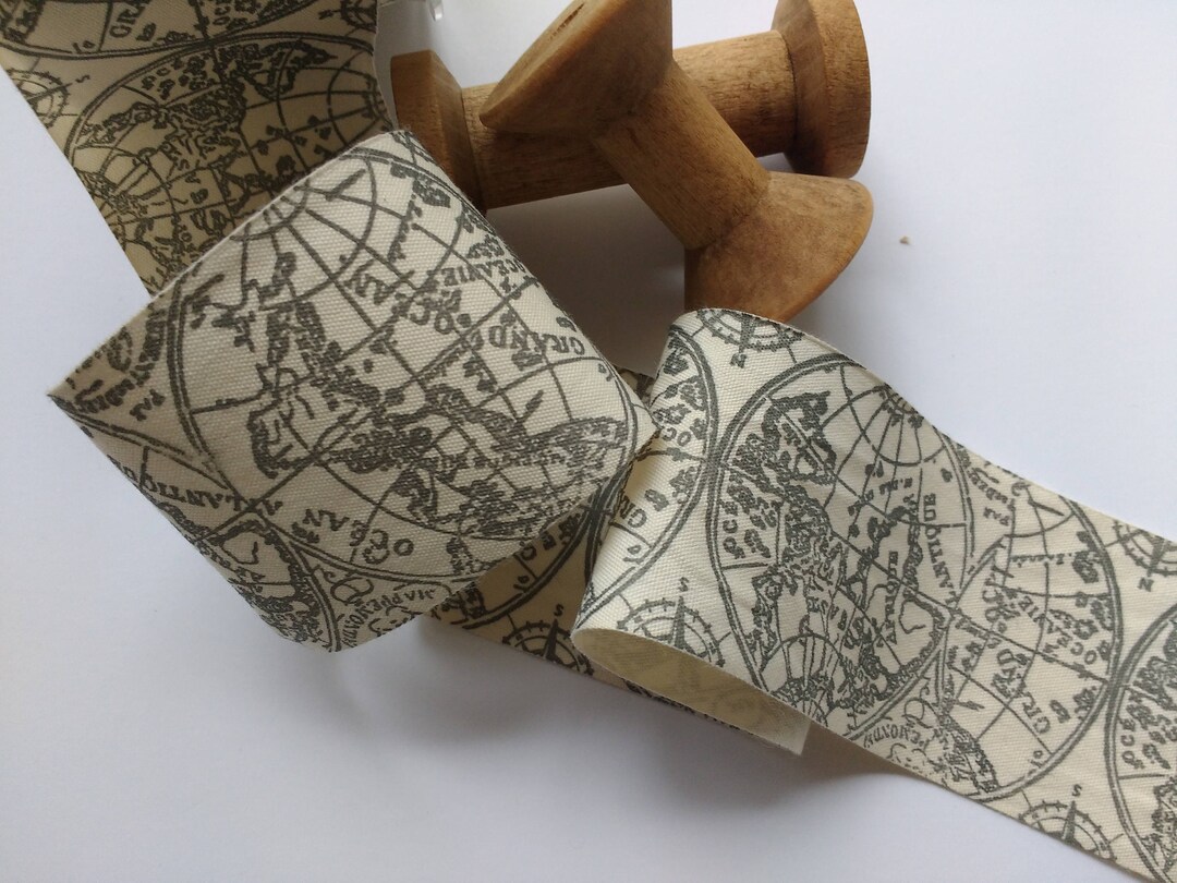 World Map Ribbon - 2-inch Natural Canvas - Grey - by the Yard, Weddings ...