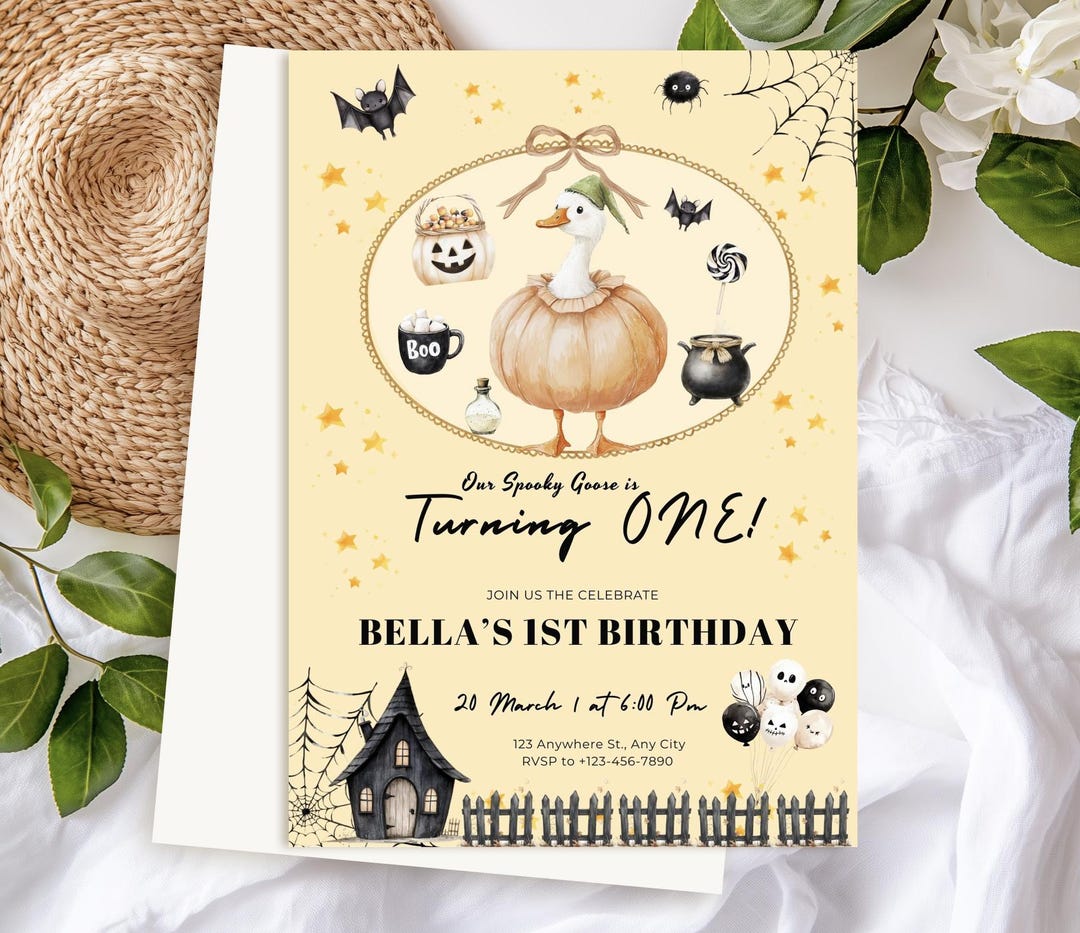 Editable Spooky Goose 1st Birthday Invitation: Halloween Party (canva ...