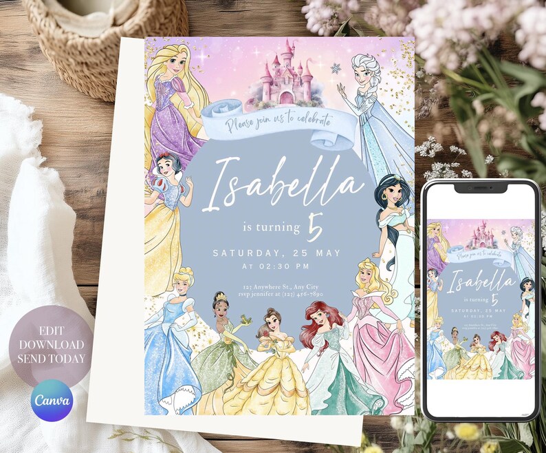 Convite de Aniversário de 5 Anos com Tema Floral de Princesa – Aquarela ...