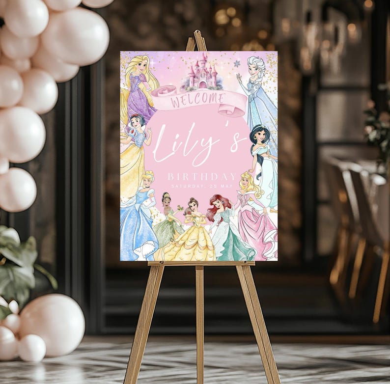 Princess Birthday Welcome Sign, Fairytale Party Poster, Editable Canva ...