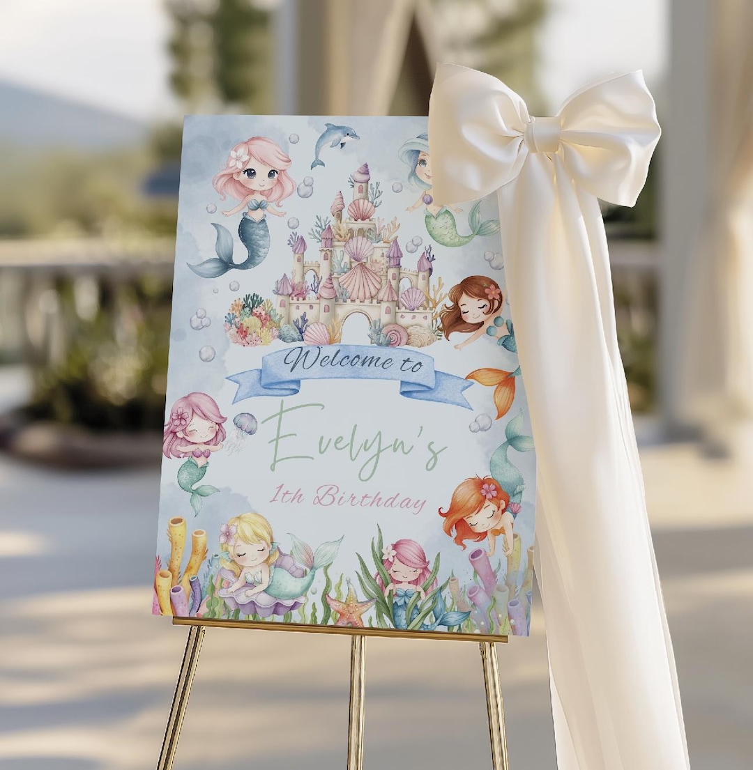 Placa de boas-vindas editável para aniversário com tema de sereia no ...