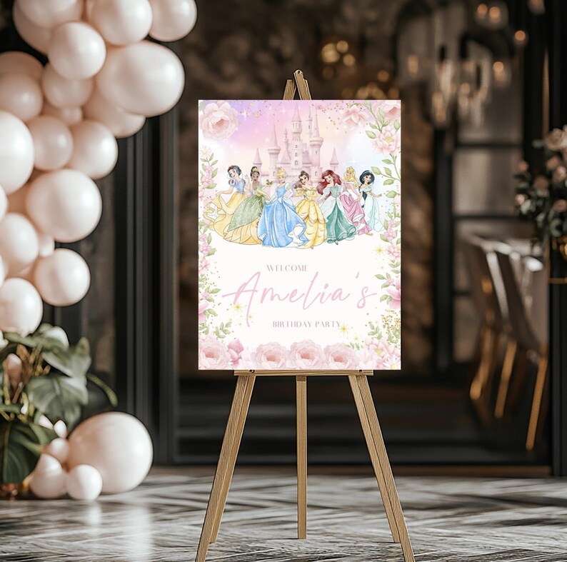Princess Birthday Welcome Sign Editable Soft Pink Castle (canva ...