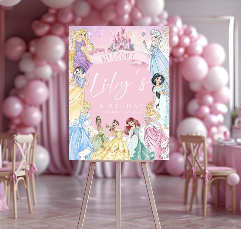 Princess Birthday Welcome Sign, Fairytale Party Poster, Editable Canva ...