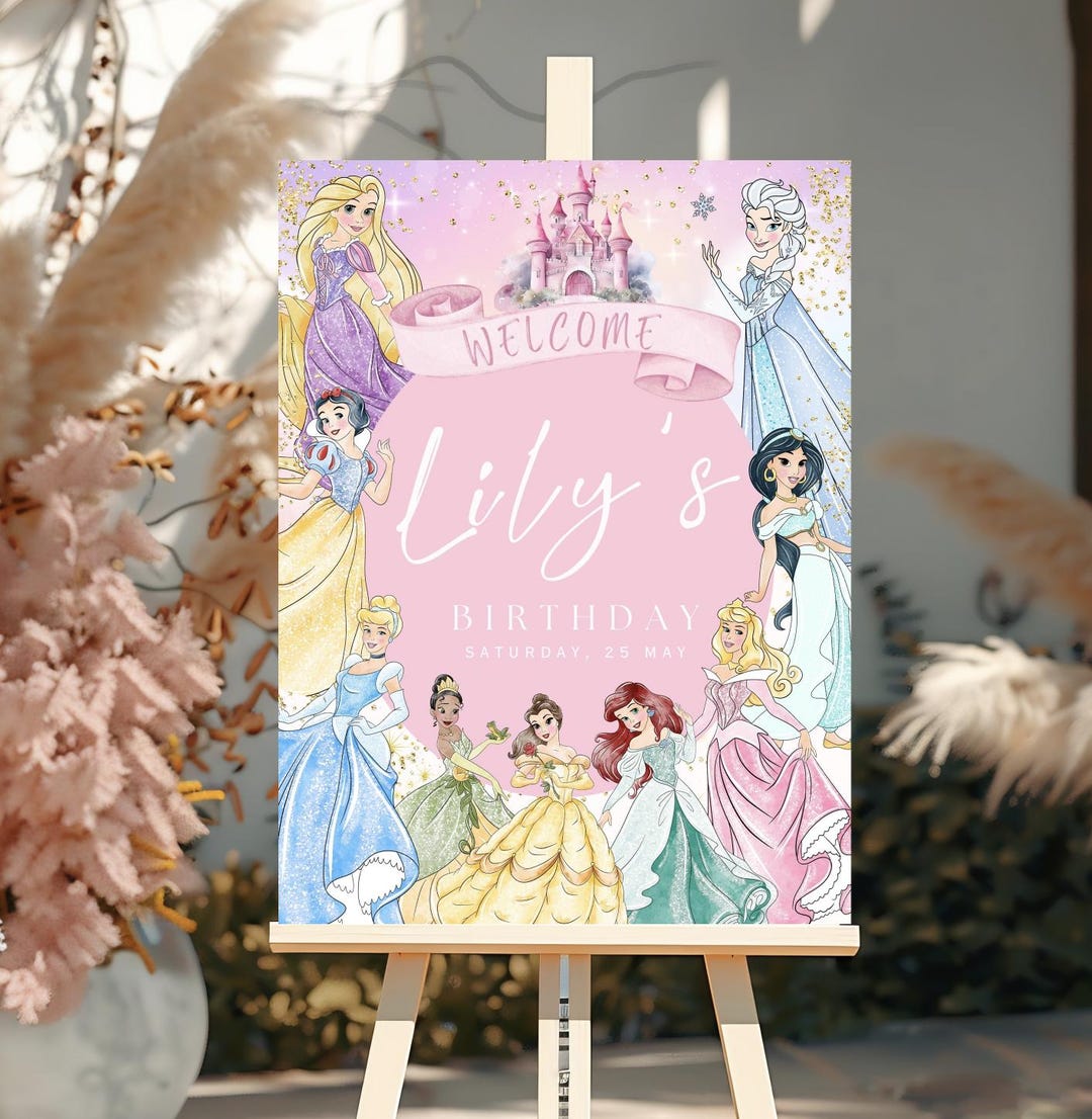 Princess Birthday Welcome Sign, Fairytale Party Poster, Editable Canva ...