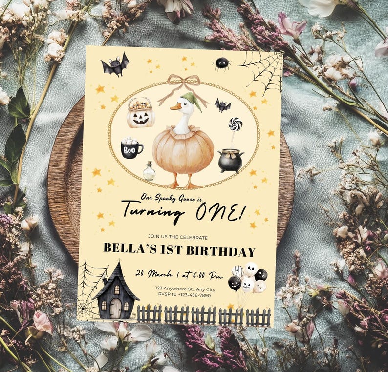 Editable Spooky Goose 1st Birthday Invitation: Halloween Party (canva ...