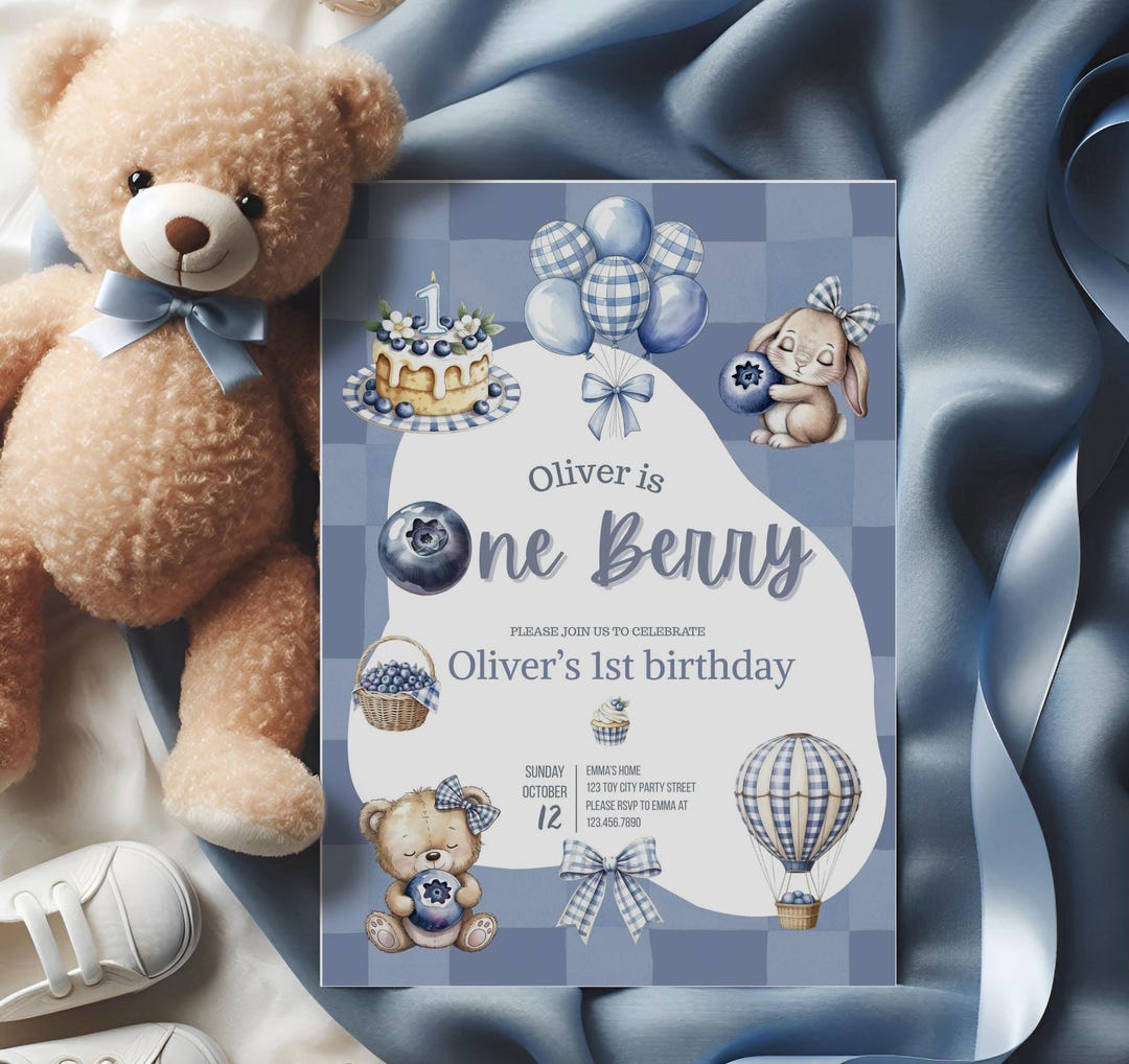 Blueberry First Birthday Invitation: Watercolor Balloons, Editable ...