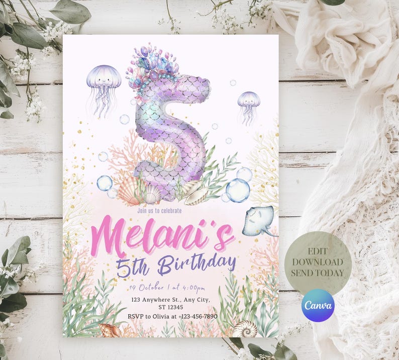 Mermaid Birthday Invitation: 5th Under the Sea Party, Canva Editable ...