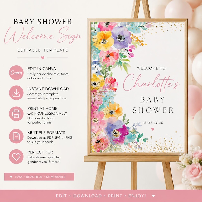 Floral Baby Shower Welcome Sign Template, Editable Canva Welcome Decor ...