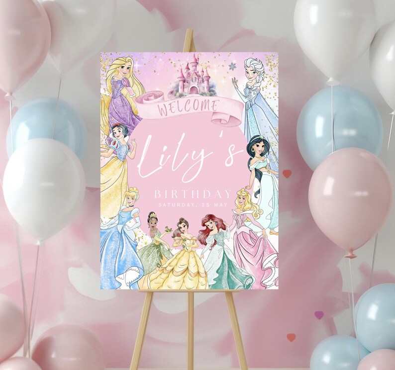 Princess Birthday Welcome Sign, Fairytale Party Poster, Editable Canva ...
